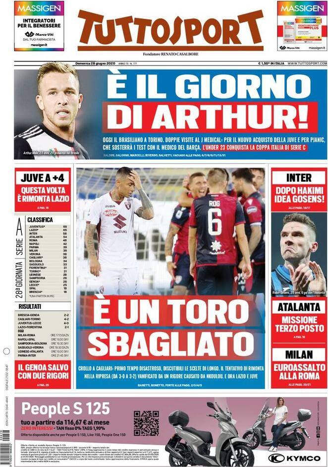 Tuttosport, prima pagina oggi: domenica 28 giugno 2020