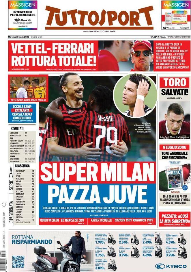 Tuttosport, la prima pagina di oggi: mercoledì 8 luglio 2020