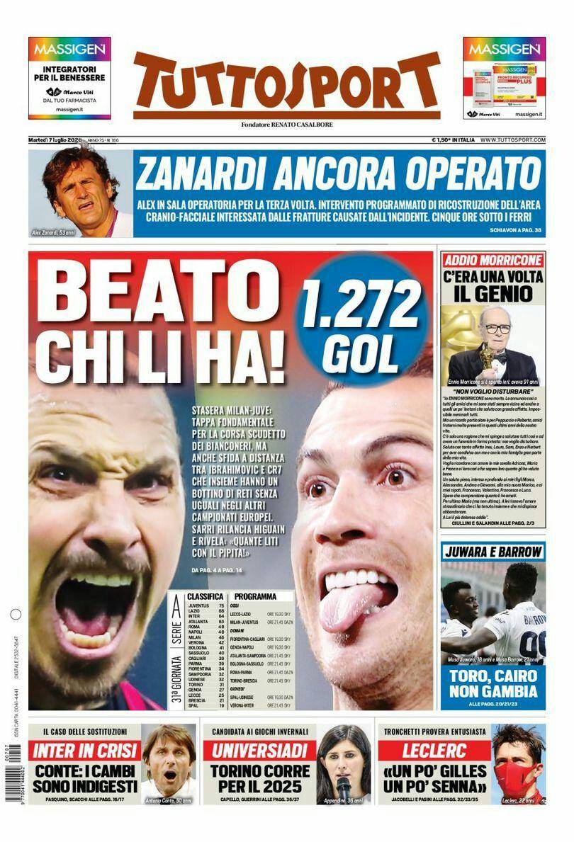 Tuttosport, la prima pagina di oggi: martedì 7 luglio 2020