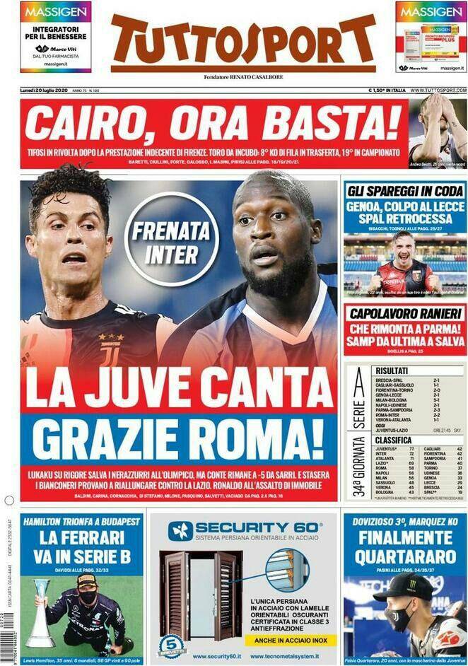 Tuttosport, prima pagina oggi: lunedì 20 luglio 2020