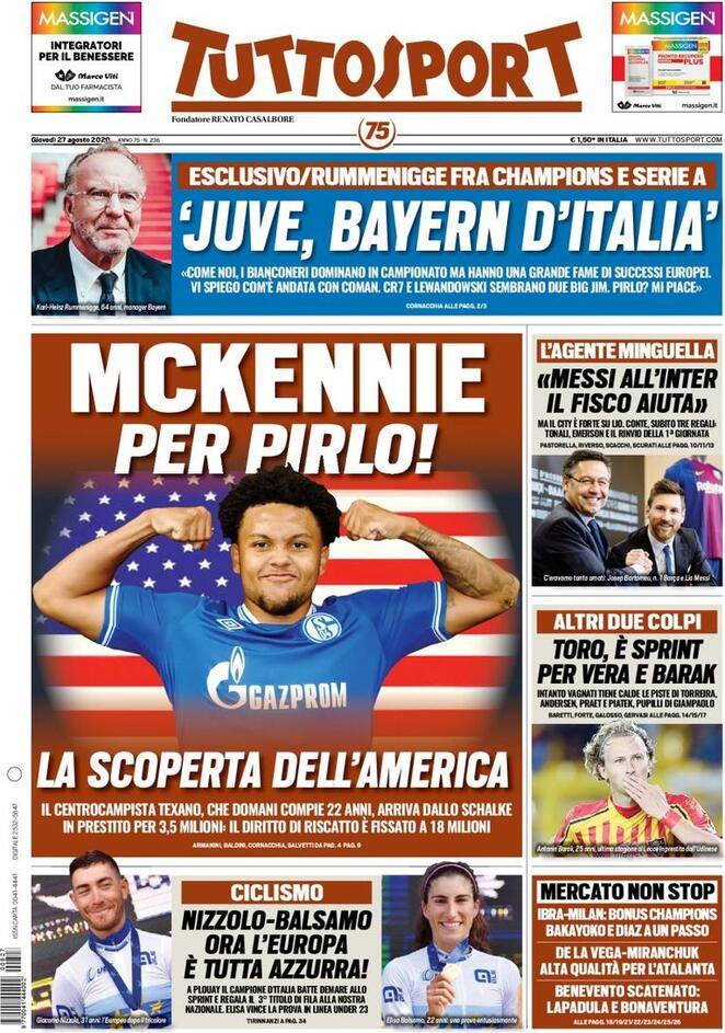 Tuttosport, prima pagina 27 agosto