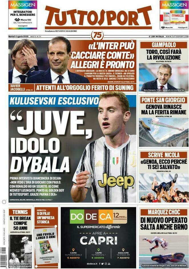 TuttoSport, prima pagina oggi: martedì 4 agosto 2020