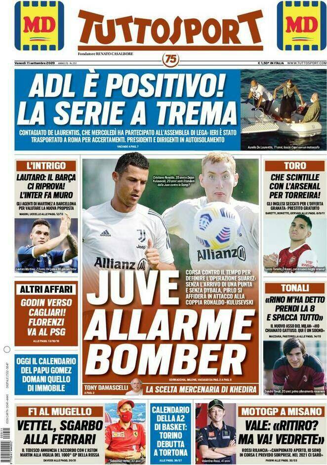 TuttoSport, prima pagina venerdì 11 settembre 2020