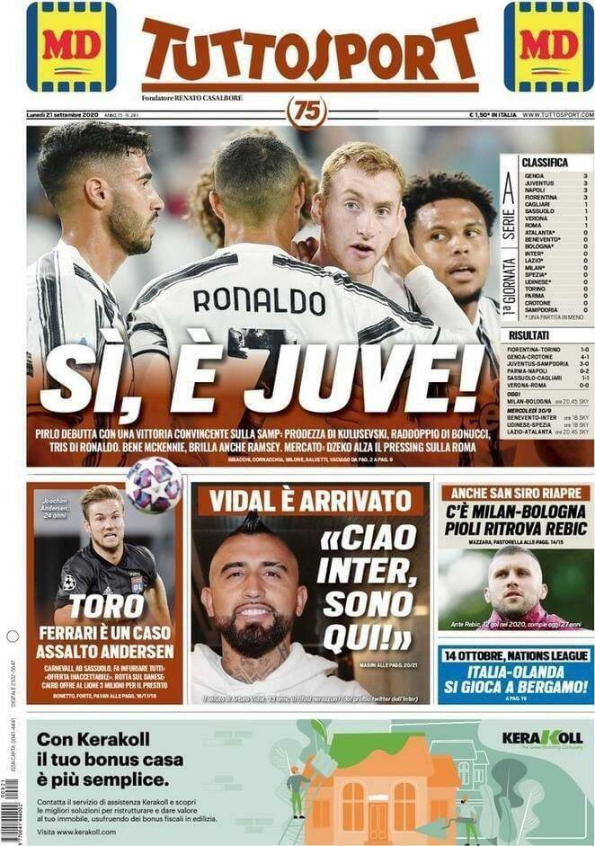TuttoSport, prima pagina lunedì 21 settembre 2020