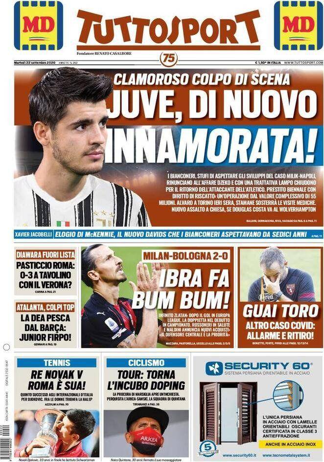 TuttoSport, prima pagina martedì 22 settembre 2020