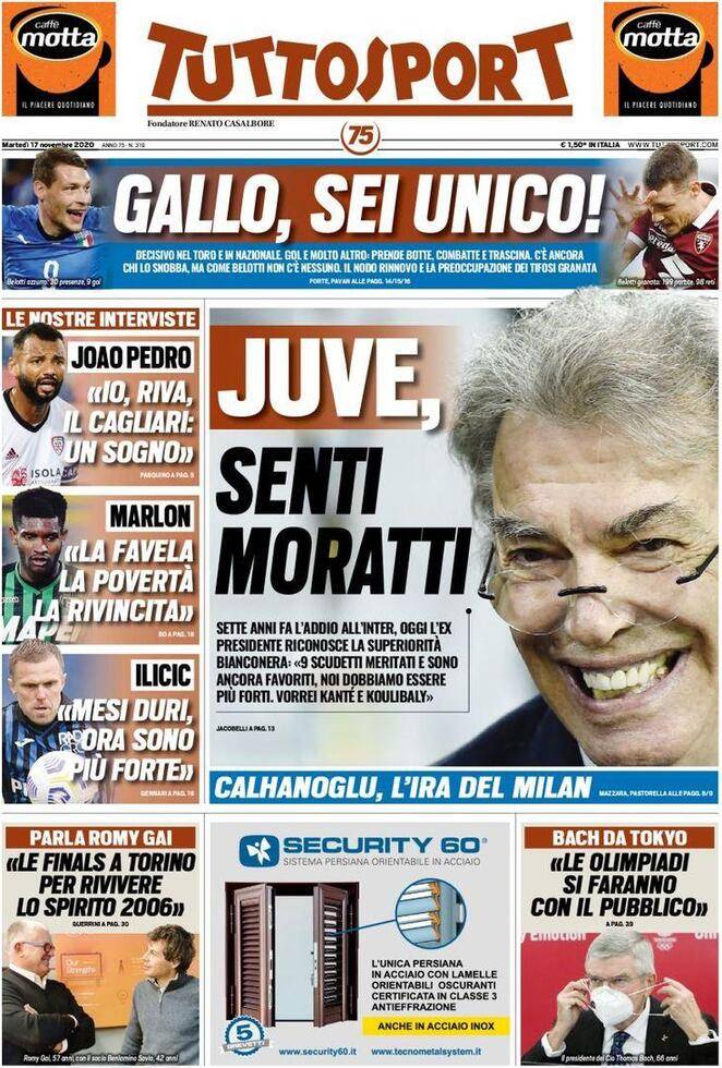 Tuttosport, prima pagina 17 novembre 2020