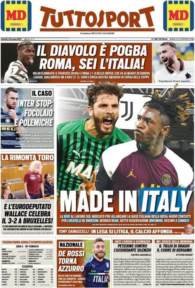 TuttoSport, prima pagina oggi: venerdì 19 marzo 2021