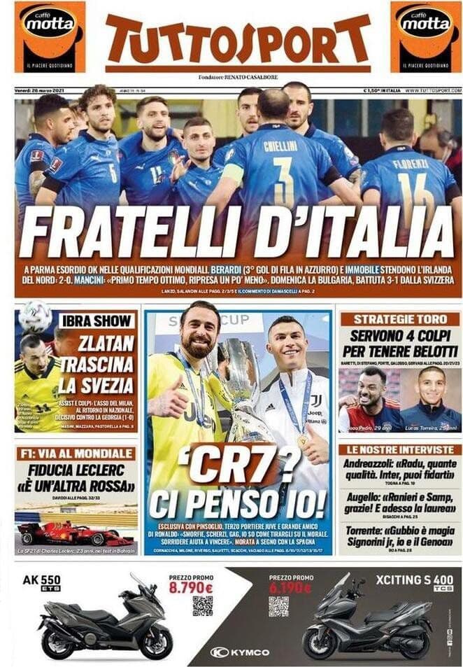 TuttoSport, prima pagina oggi: venerdì 26 marzo 2021