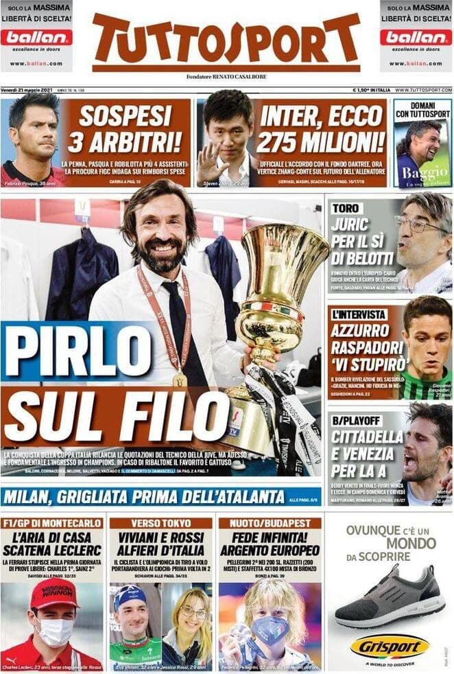 TuttoSport, prima pagina oggi: venerdì 21 maggio 2021