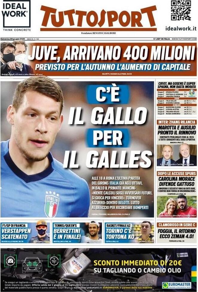 Tuttosport, prima pagina 20 giugno 2021
