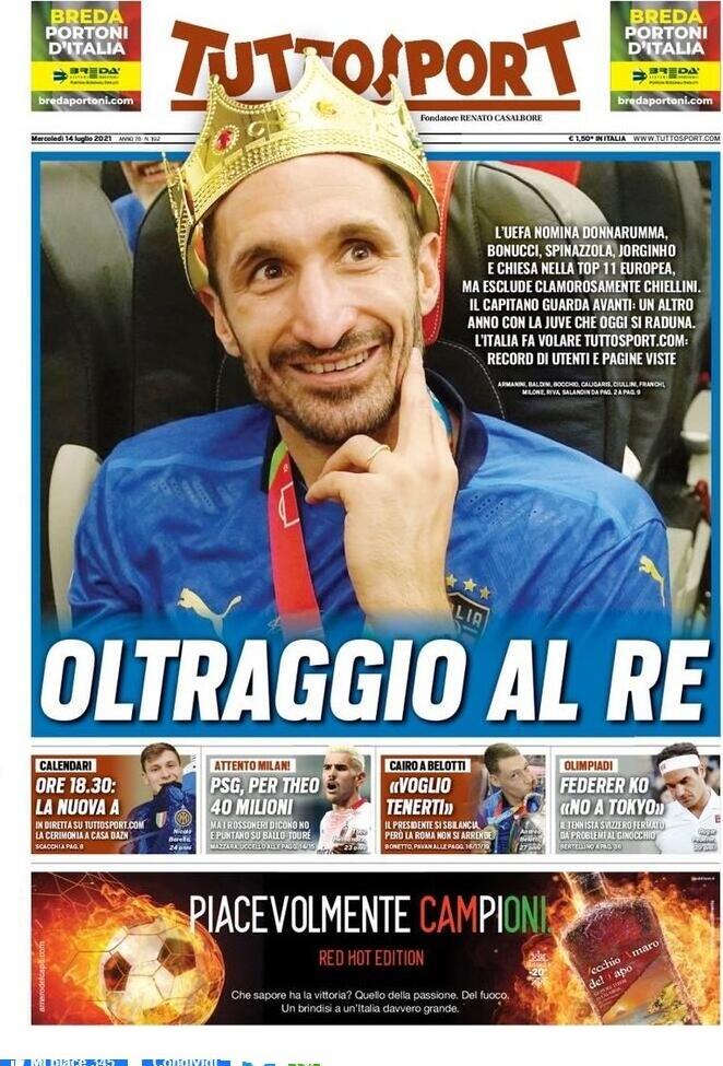 Tuttosport, prima pagina 14 luglio 2021