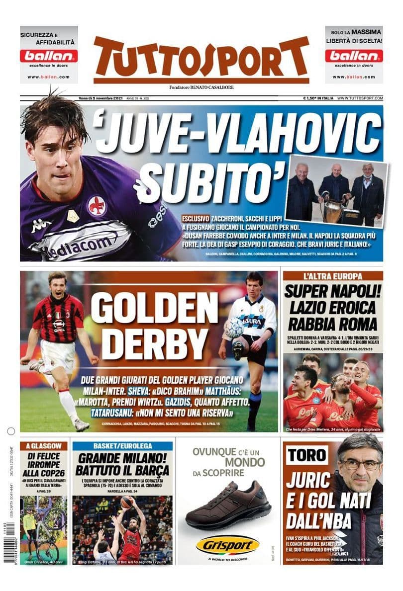 TuttoSport, prima pagina venerdì 5 novembre 2021