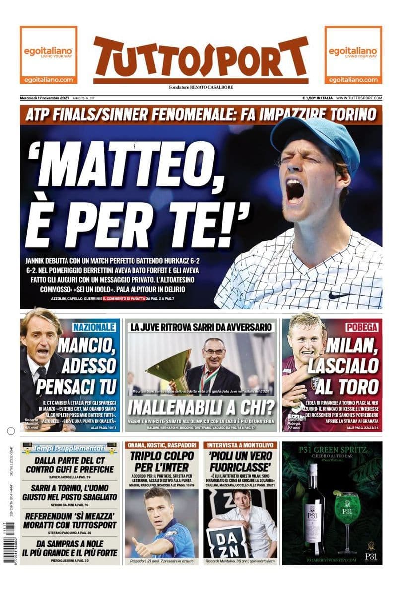 TuttoSport, prima pagina mercoledì 17 novembre 2021