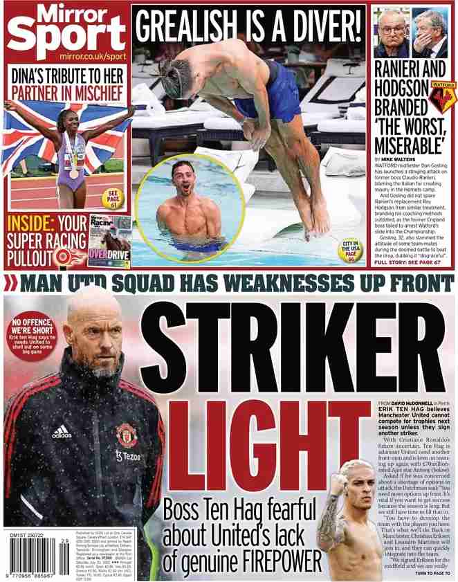 Mirror, prima pagina di oggi sabato 23 luglio 2022